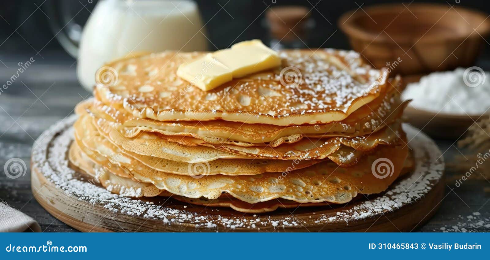 Big Stack of Homemade Crepes or Thin Crepes with Butter in Rustic Style ...