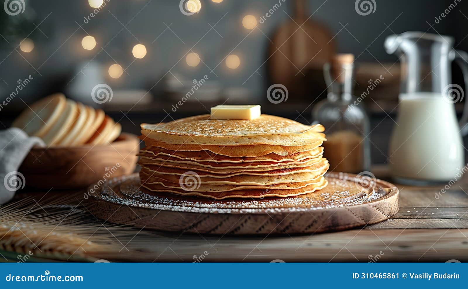 Big Stack of Homemade Crepes or Thin Crepes with Butter in Rustic Style ...