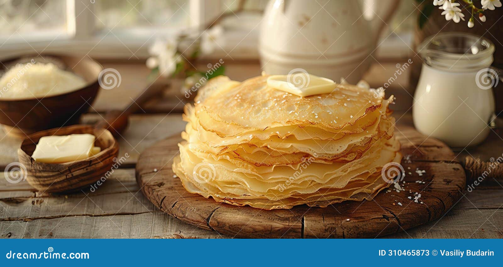 Big Stack of Homemade Crepes or Thin Crepes with Butter in Rustic Style ...