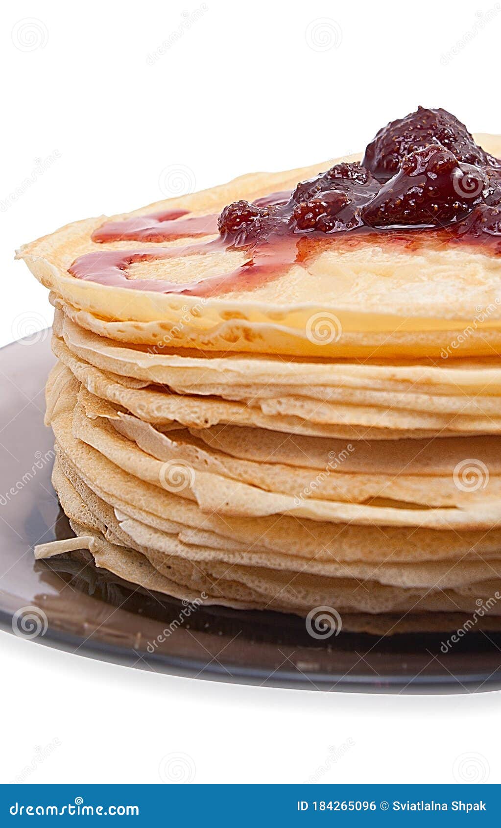 Big Stack of Pancakes with Strawberry Jam Isolated on White Stock Photo ...