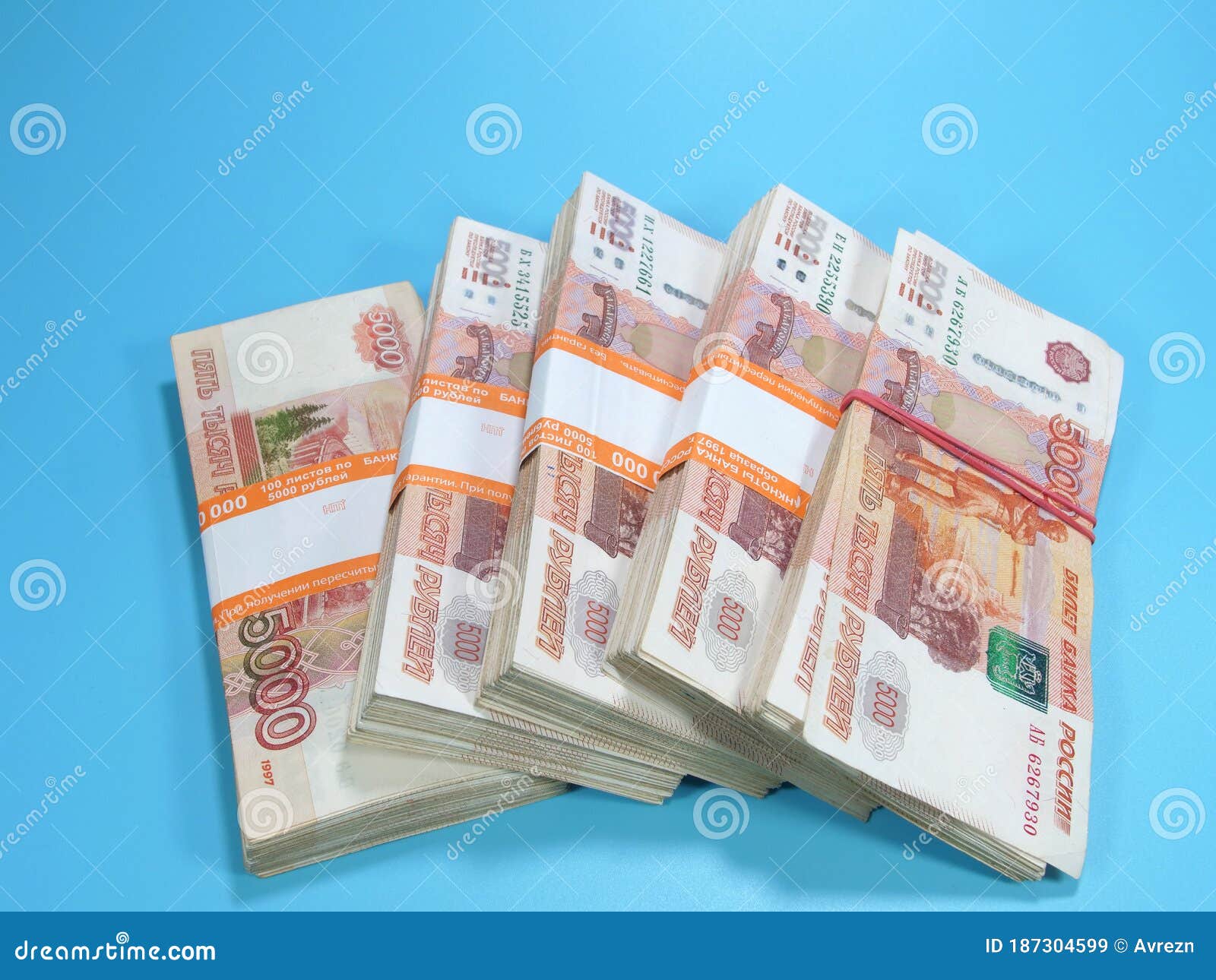 Big Stack of Russian 5000 Rubles Banknotes Laying on Blue Background ...