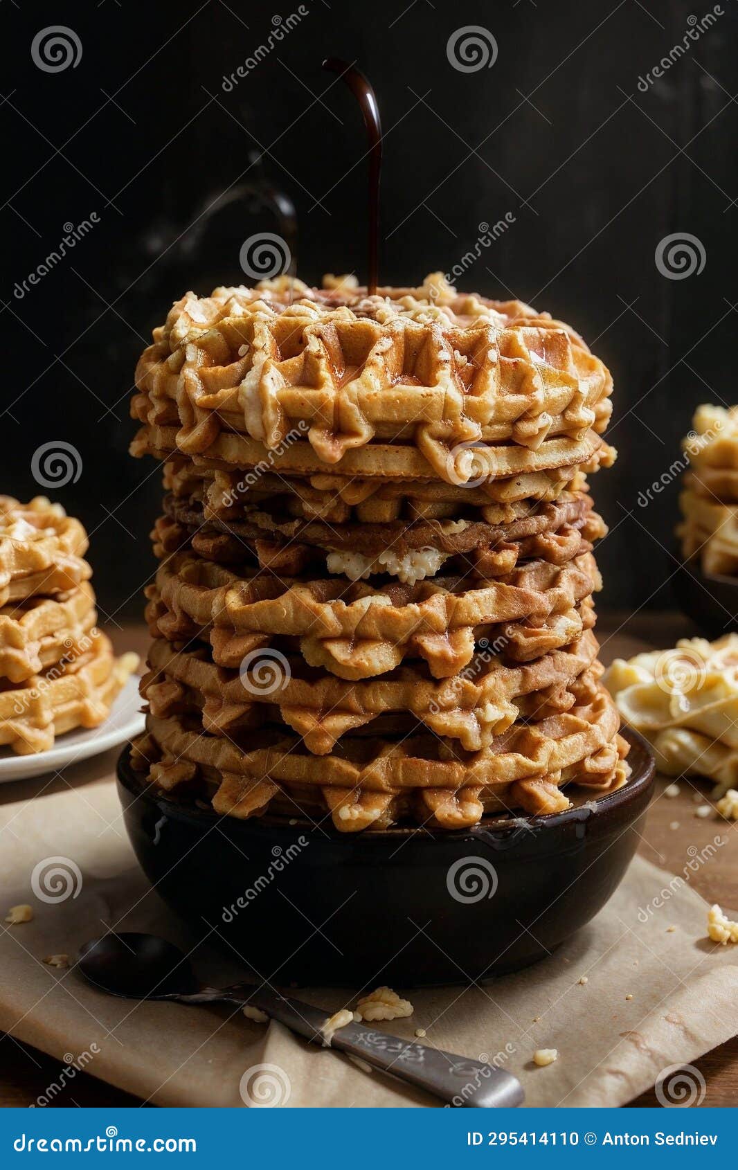 Big Stack of Waffles with Cream, Nuts and Strawberries. on a Black ...
