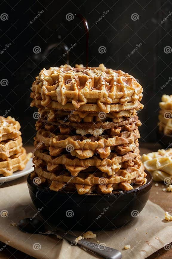 Big Stack of Waffles with Cream, Nuts and Strawberries. on a Black ...