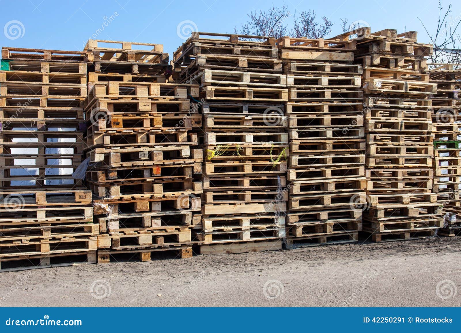 The Big Stack of Wooden Cargo Pallets Stock Image - Image of lumber ...