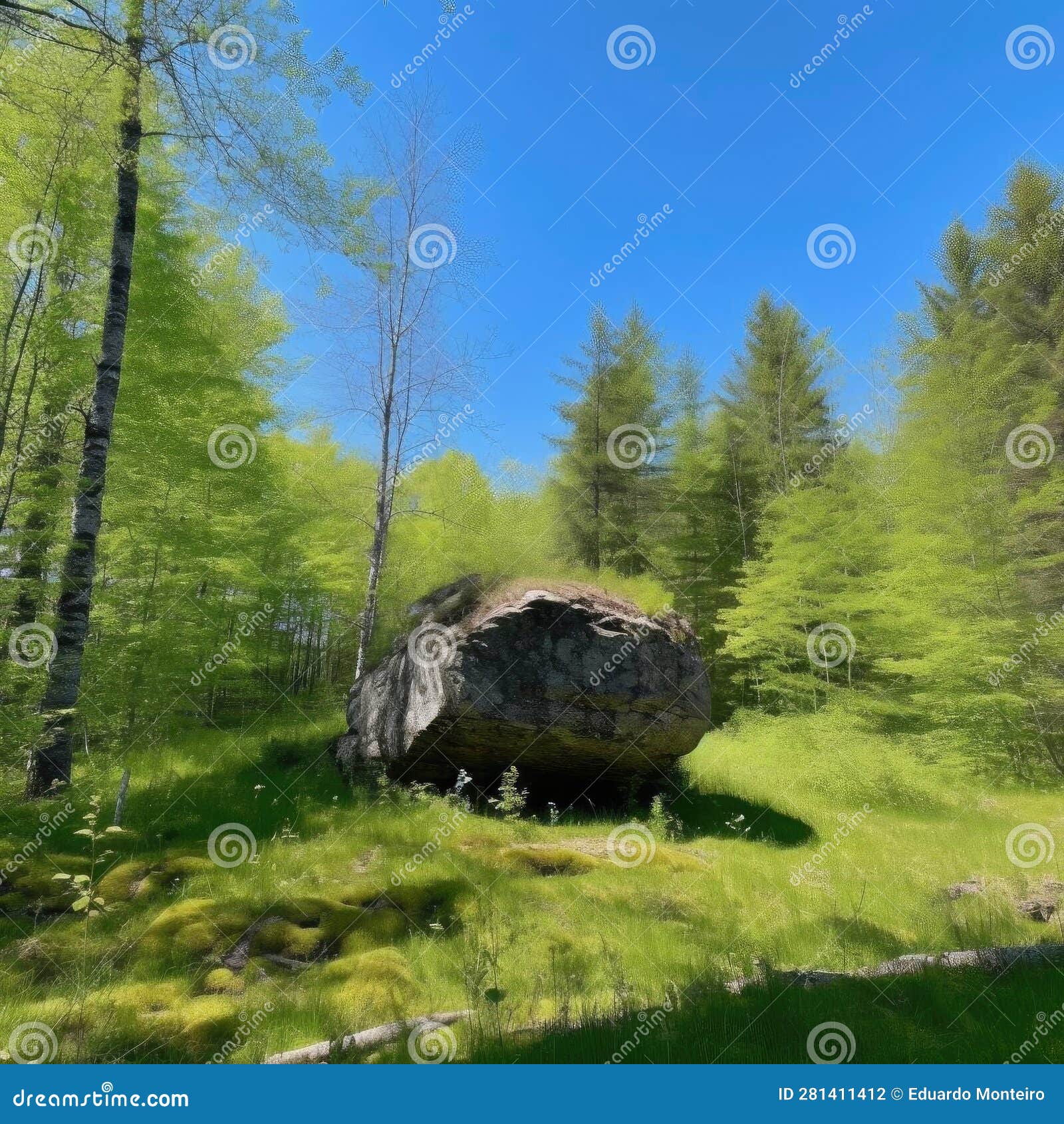 Big Stone in the Forest on a Background of Green Grass and Blue Sky ...