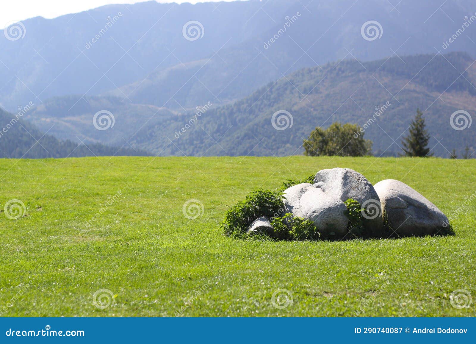 Big Stone on a Green Grass Hill and Mountains on Background Stock Image ...