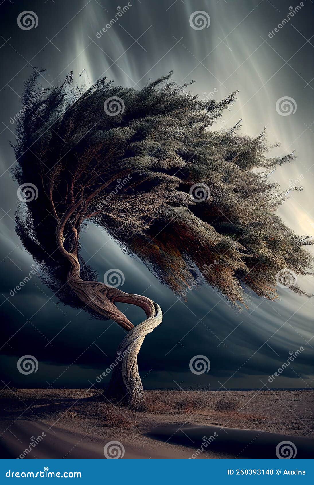 Big Storm Blowing Big Tree In Arid Desert On Drought Weather Created ...