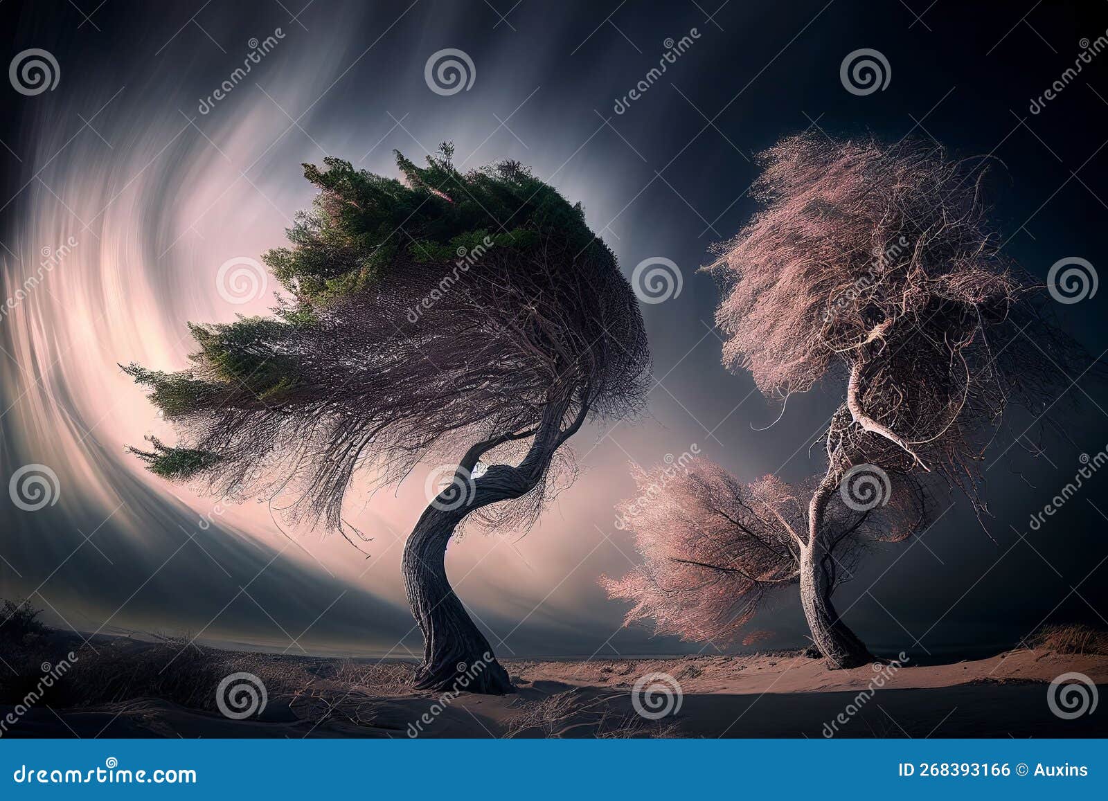Big Storm Blowing Big Tree In Arid Desert On Drought Weather Created ...