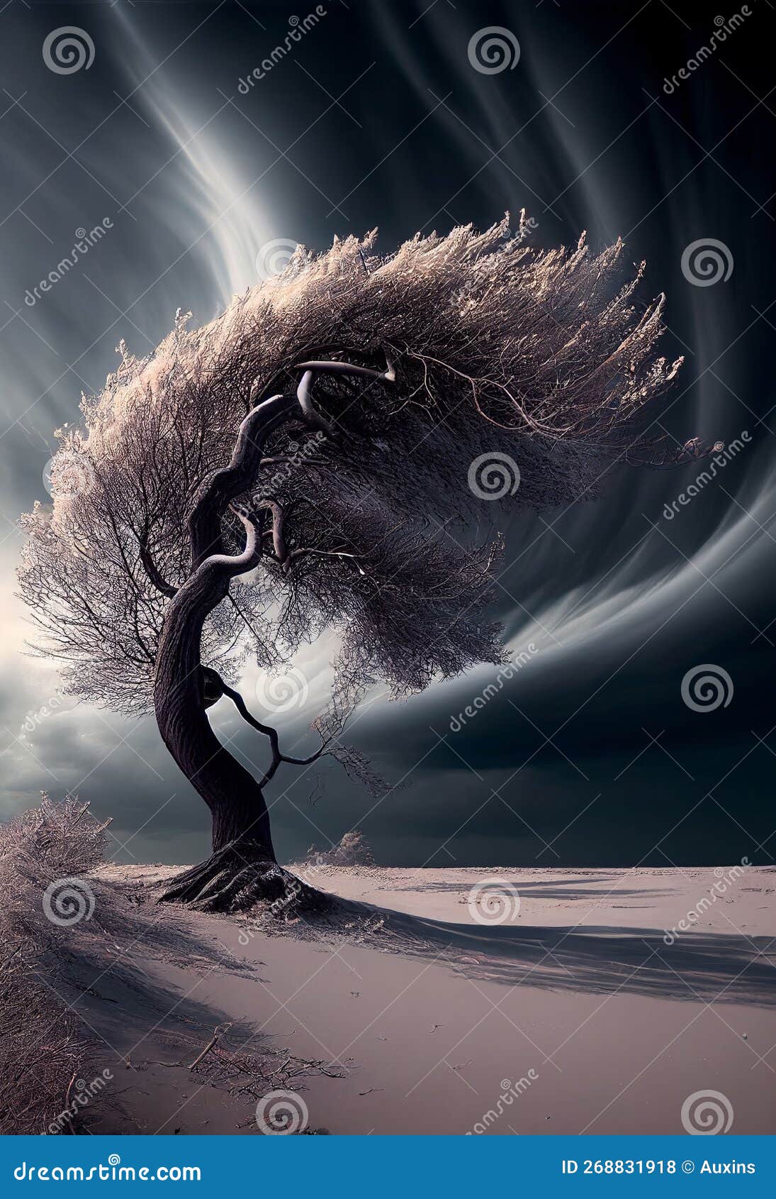 Big Storm Blowing Big Tree In Arid Desert On Drought Weather Created ...