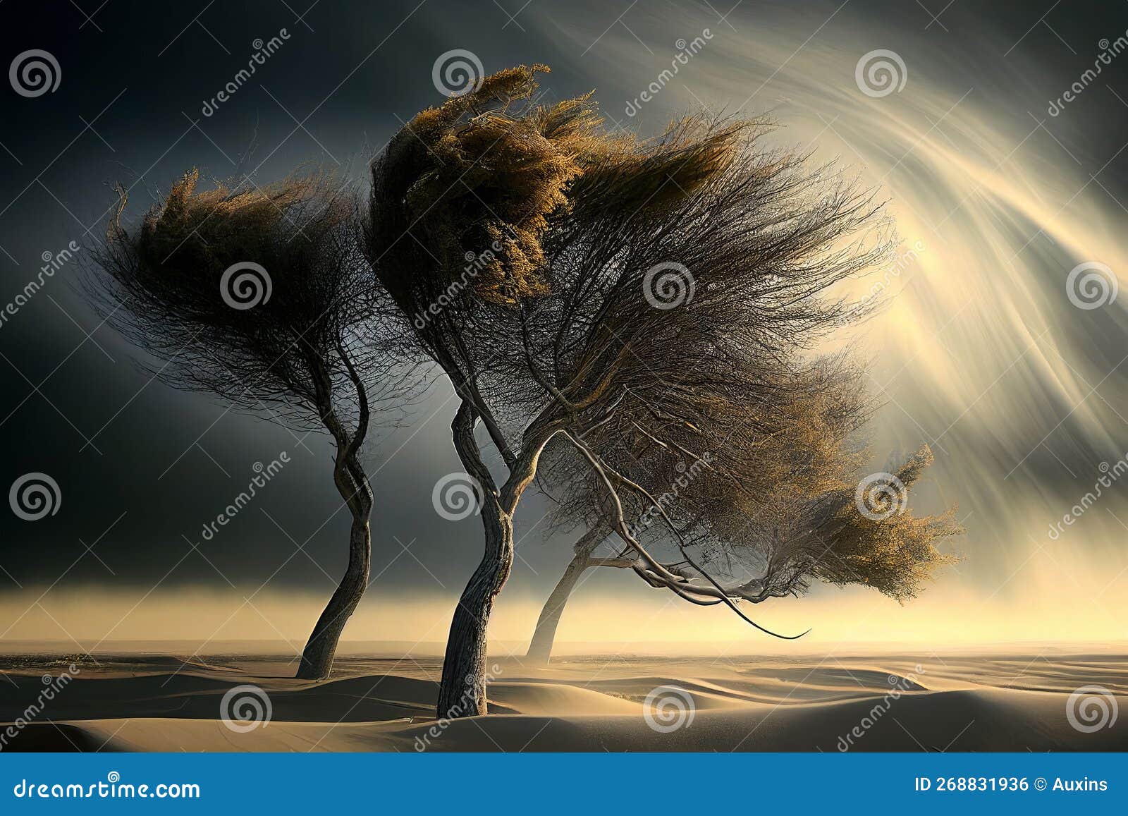 Big Storm Blowing Big Tree In Arid Desert On Drought Weather Created ...