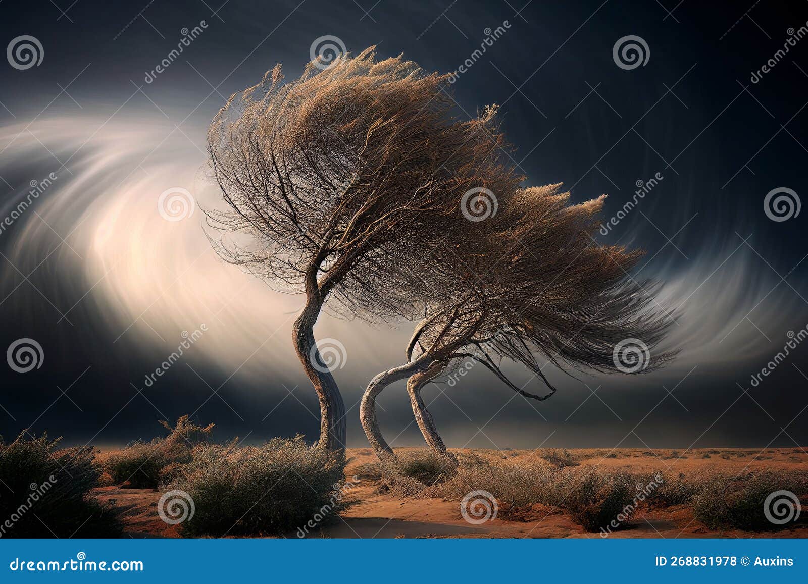 Big Storm Blowing Big Tree in Arid Desert on Drought Weather Created ...