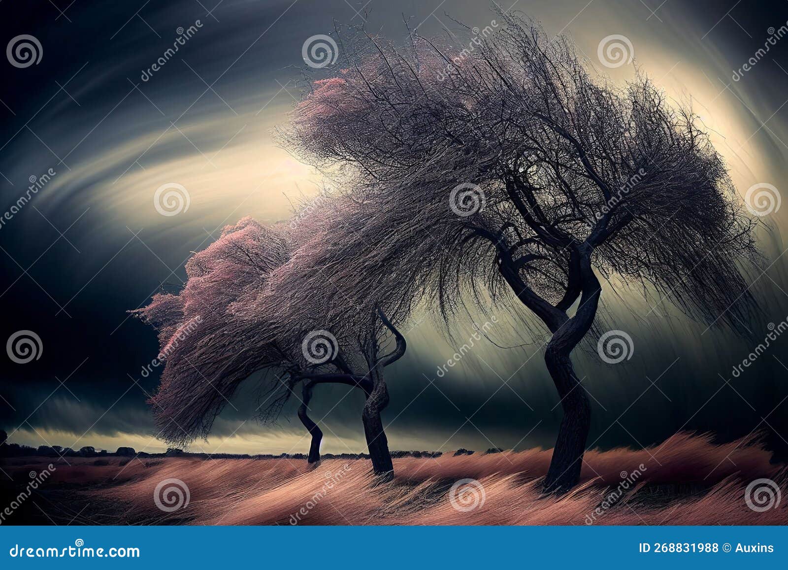 Big Storm Blowing Big Tree In Arid Desert On Drought Weather Created ...