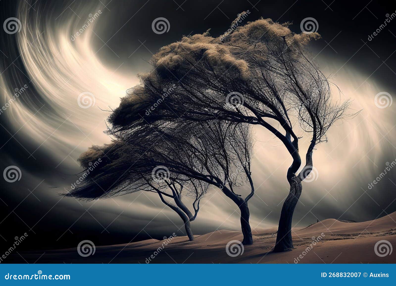 Big Storm Blowing Big Tree in Arid Desert on Drought Weather Created ...