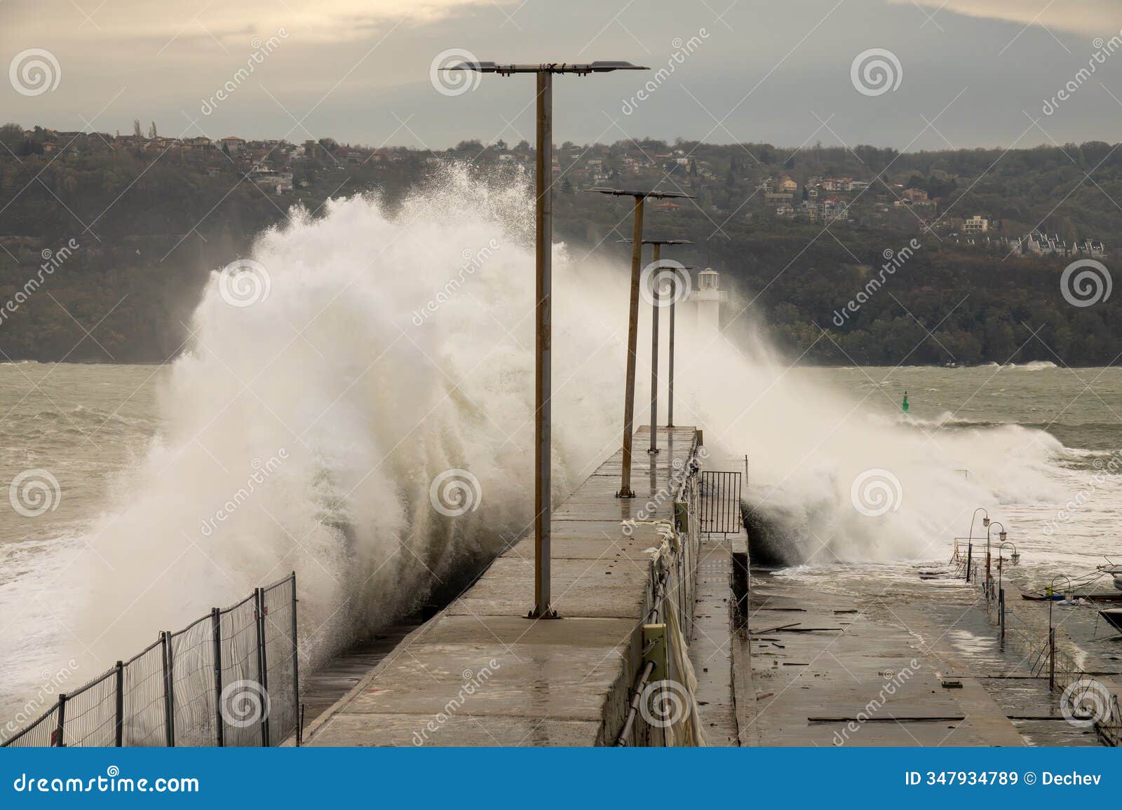 Big Stormy Wave Splash on Pier. Waves Crashing on Breakwaters Stock ...