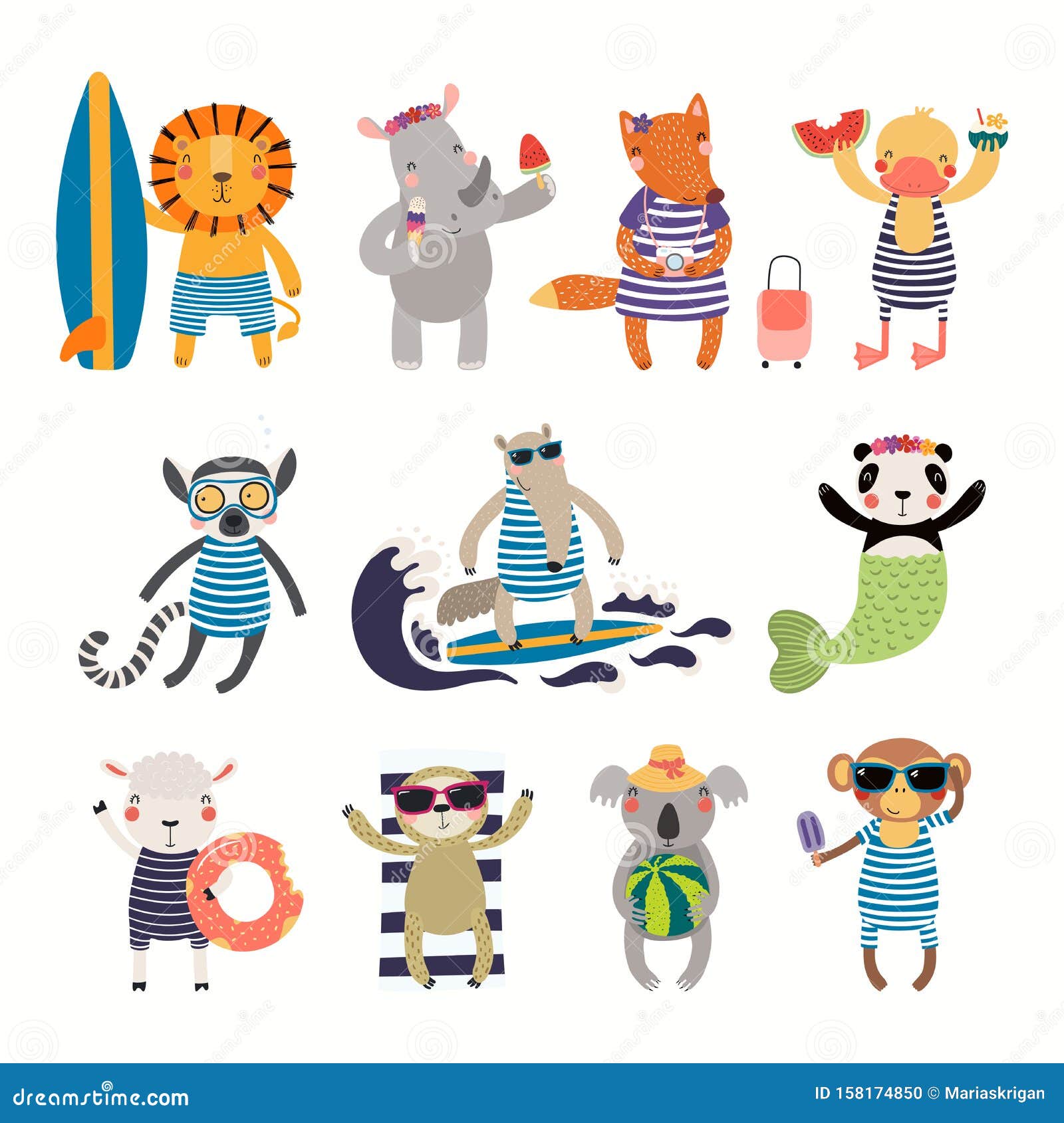 Rhinoceros Sunbathing On The Beach, Cute Animal Cartoon Character ...