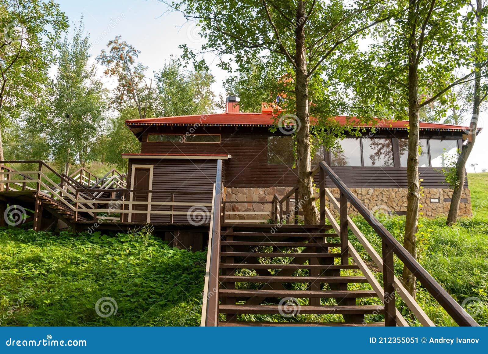 Big Summer Veranda with Stairs in the Woods. Stock Image - Image of ...