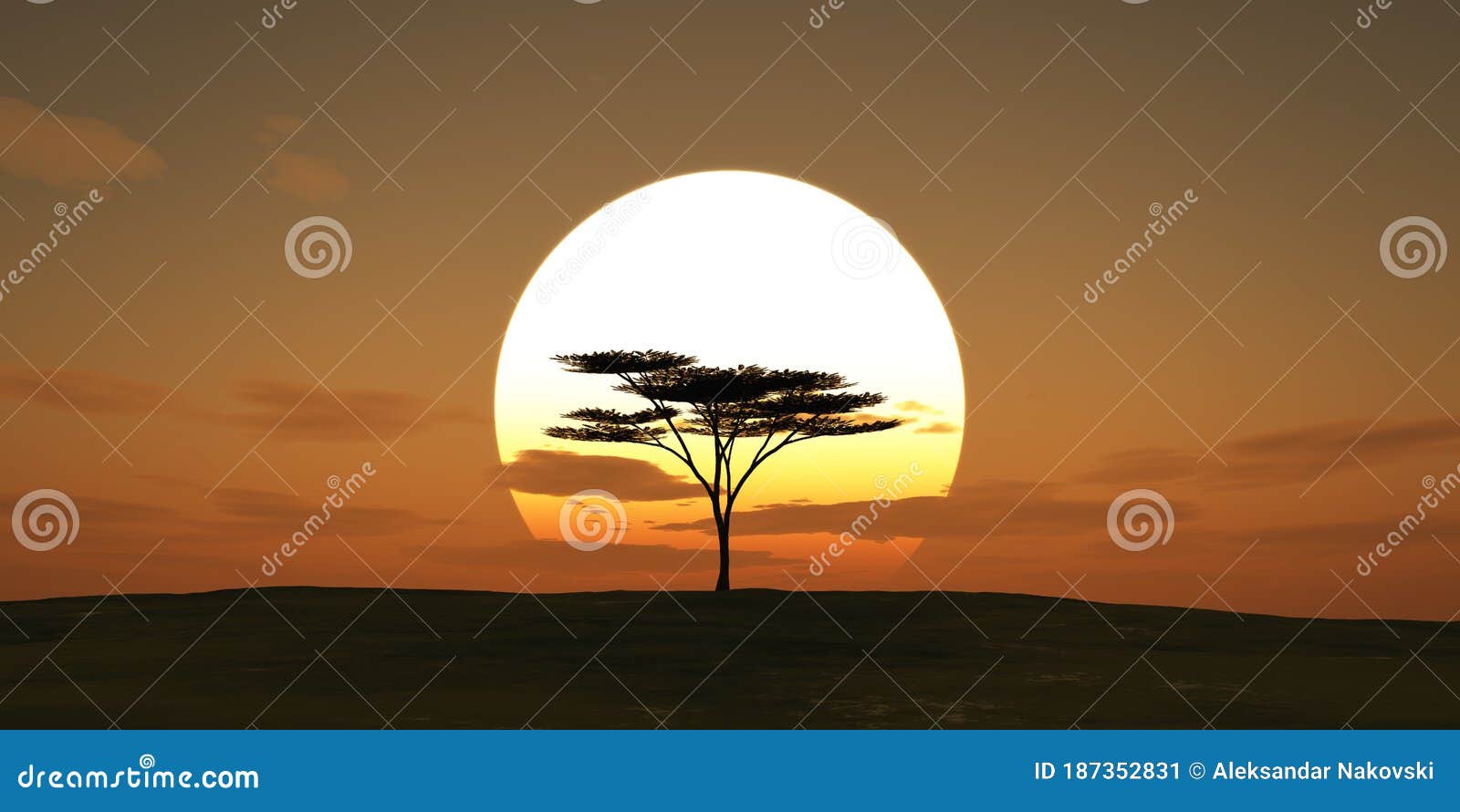 Big Sun Sunset Tree Landscape Stock Illustration - Illustration of ...