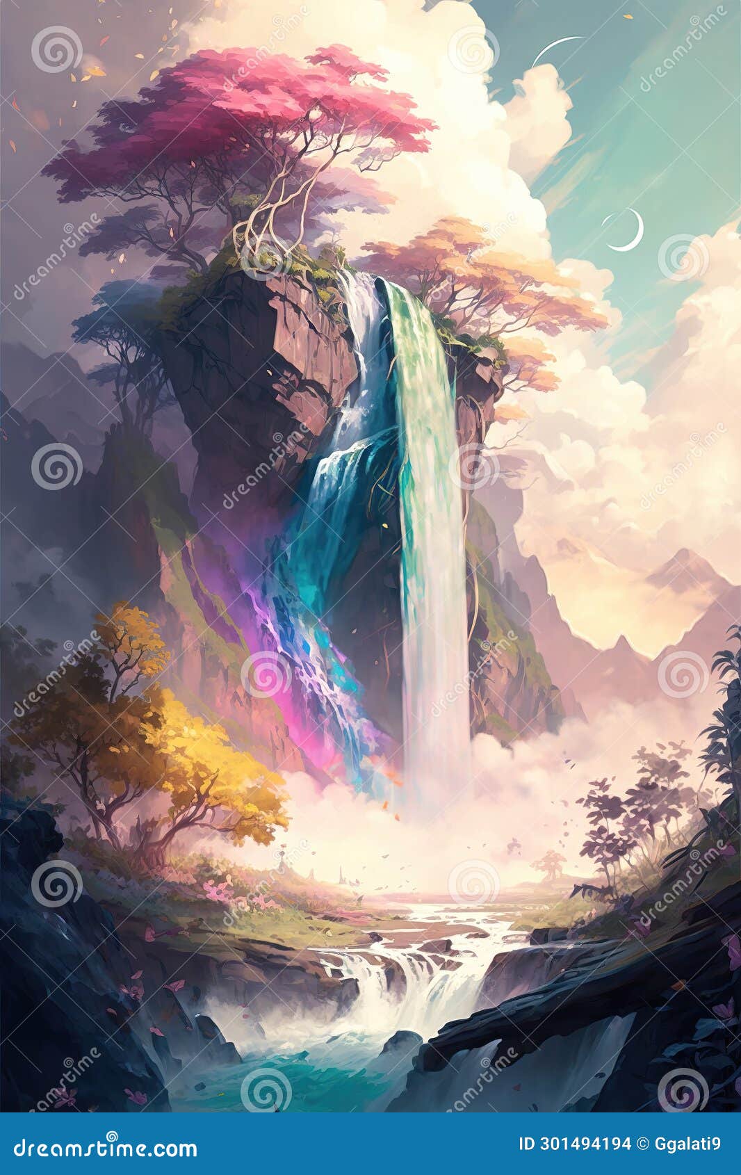 A Big Surreal Waterfall from a Beautiful Cherry Tree, Anime ...