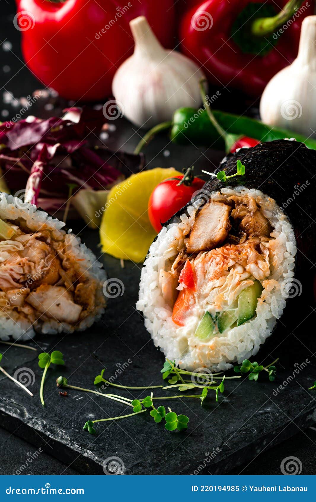 Big Sushi Rolls Futomaki on Black Slate Stock Image - Image of asian ...