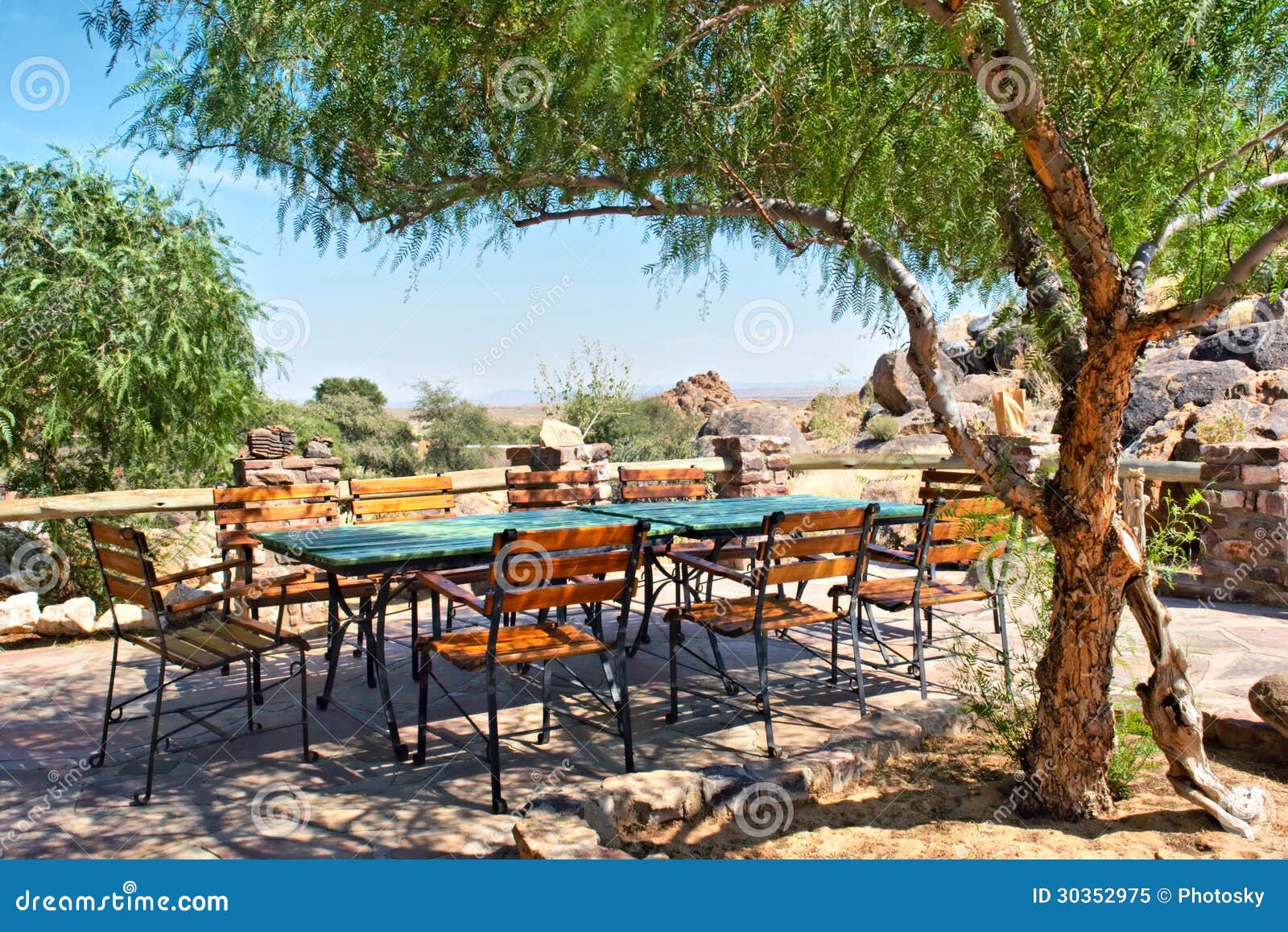 Big Table Under Tree in Outdoor Restaurant Stock Image - Image of light ...