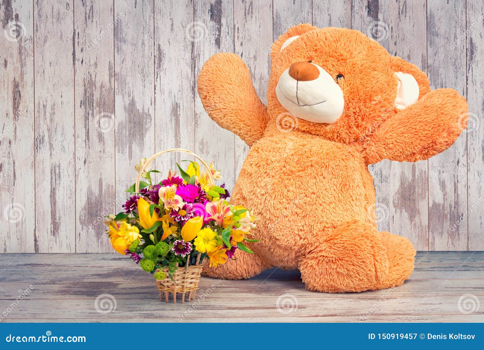Big Teddy Bear with a Basket of Spring Flowers Stock Image - Image of ...