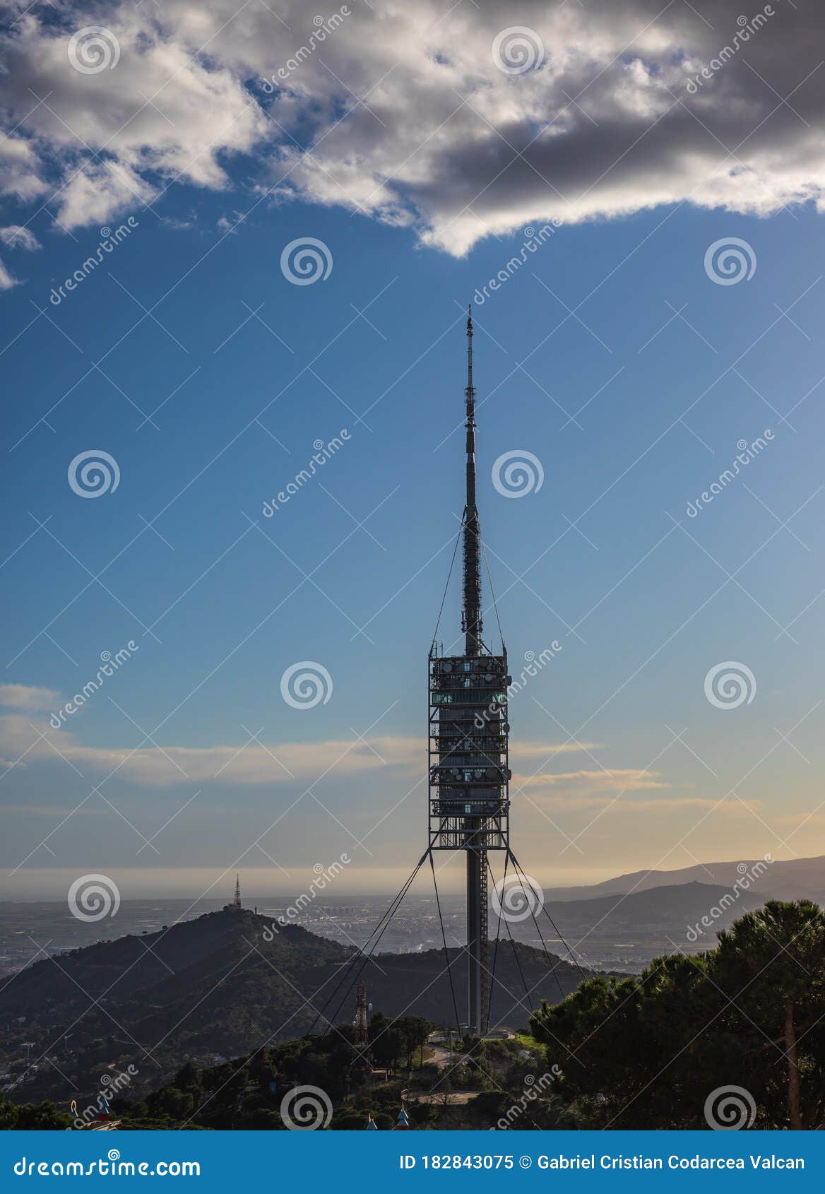 Big Telecommunications Antenna on Trees Frame during Sunset Silhouette ...