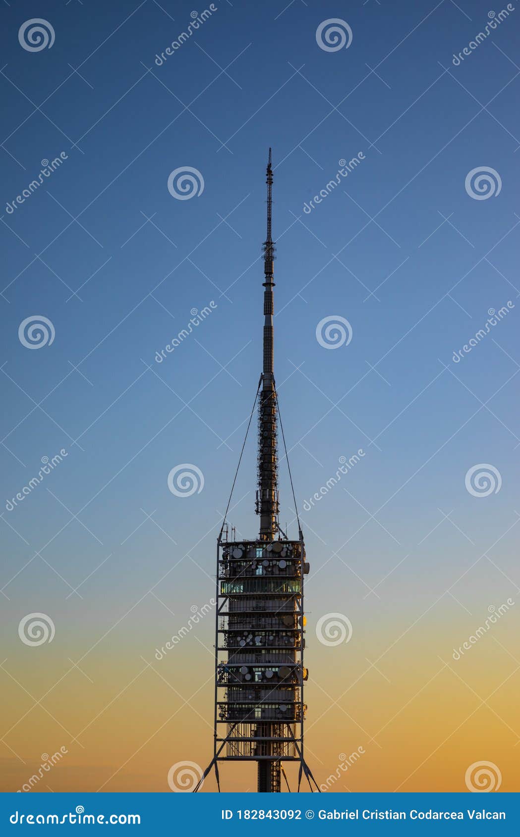 Big Telecommunications Antenna on Trees Frame during Sunset Silhouette ...