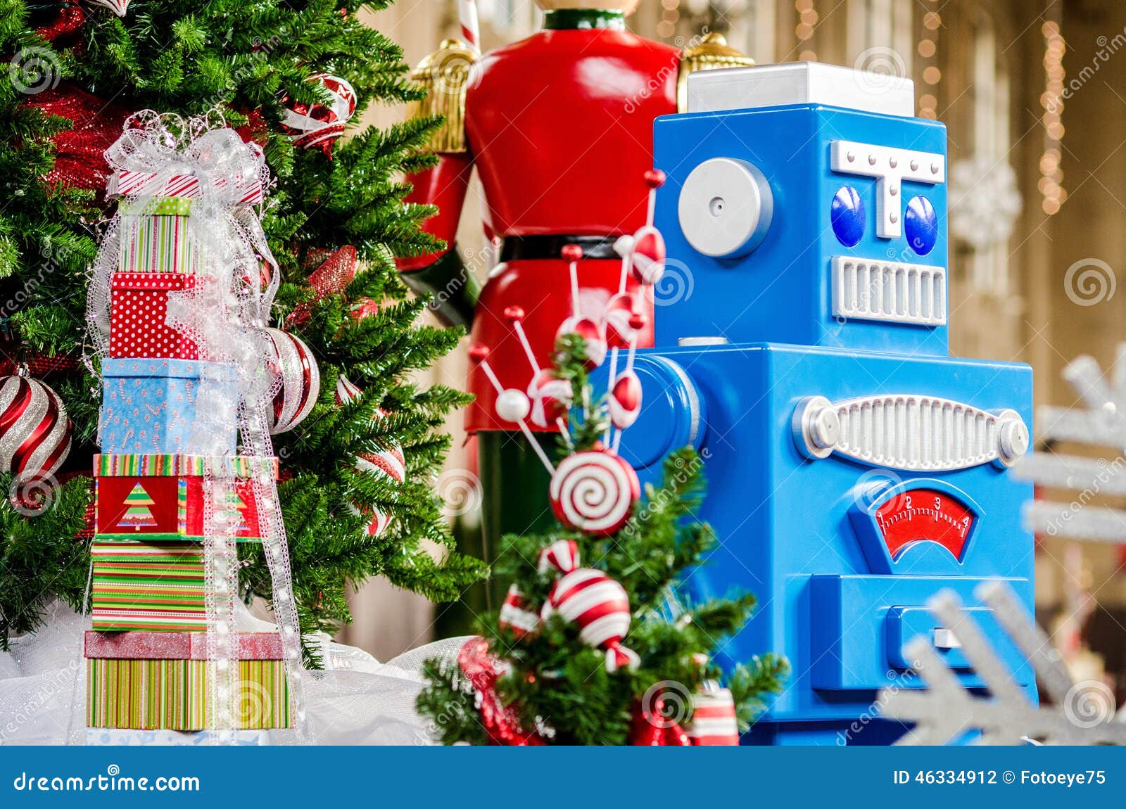 Big Toy Robot Christmas Tree and Presents Stock Photo - Image of ...