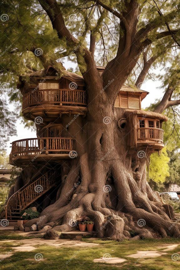 Big Tree with a Cozy Treehouse Built-in Stock Photo - Image of ...