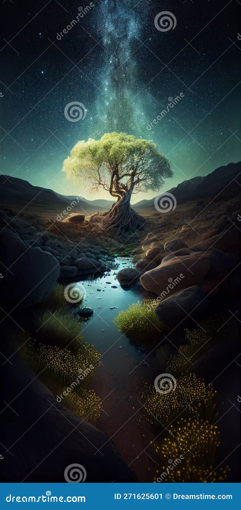 Big Tree Glowing Colorful from Night Sky and Star Background Created ...