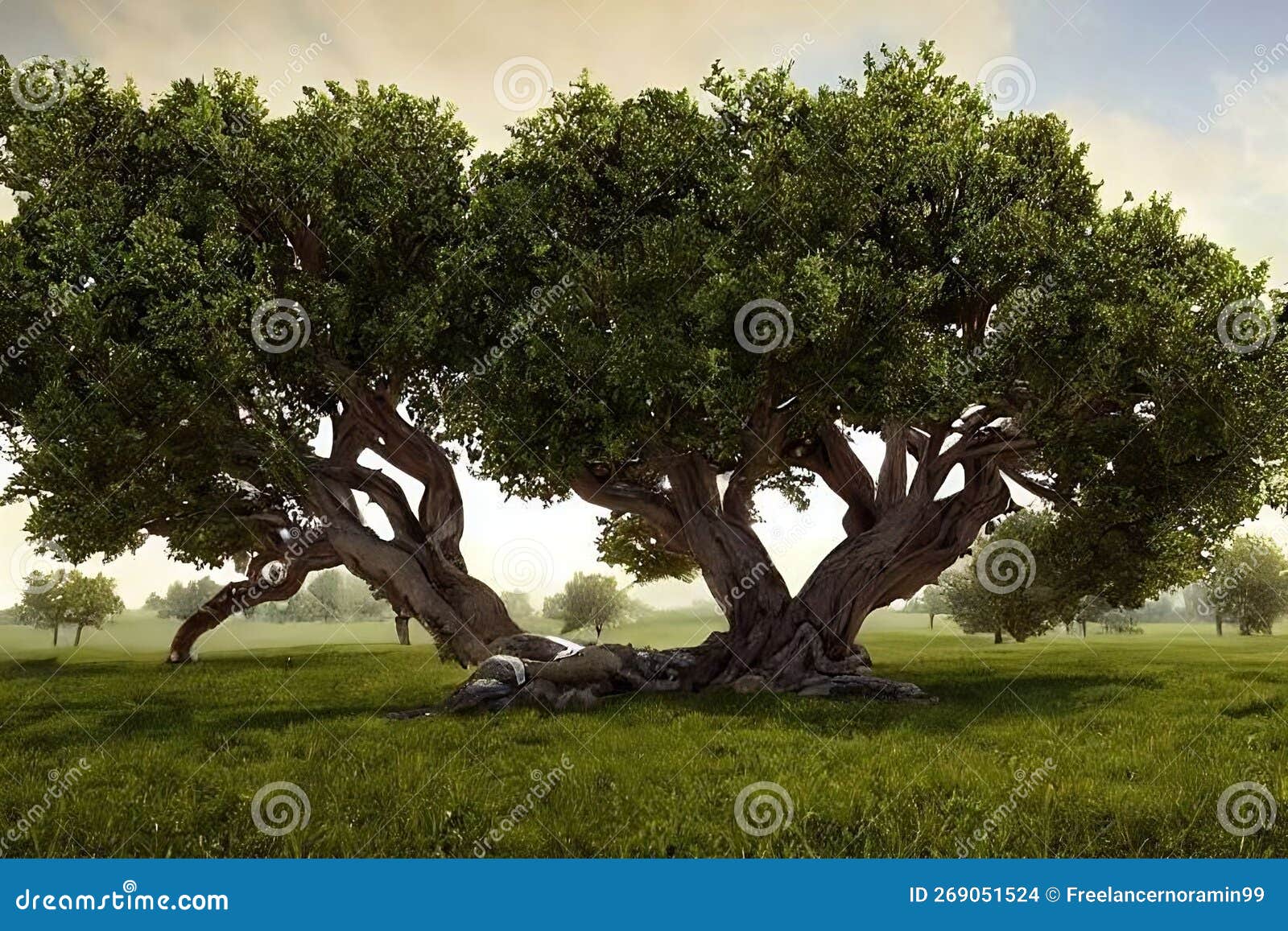A Big Tree with Multiple Branches in a Park. a Sunny Morning, Sun Beam ...