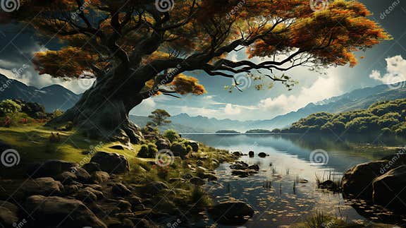 A Big Tree during Near the River Stock Illustration - Illustration of ...