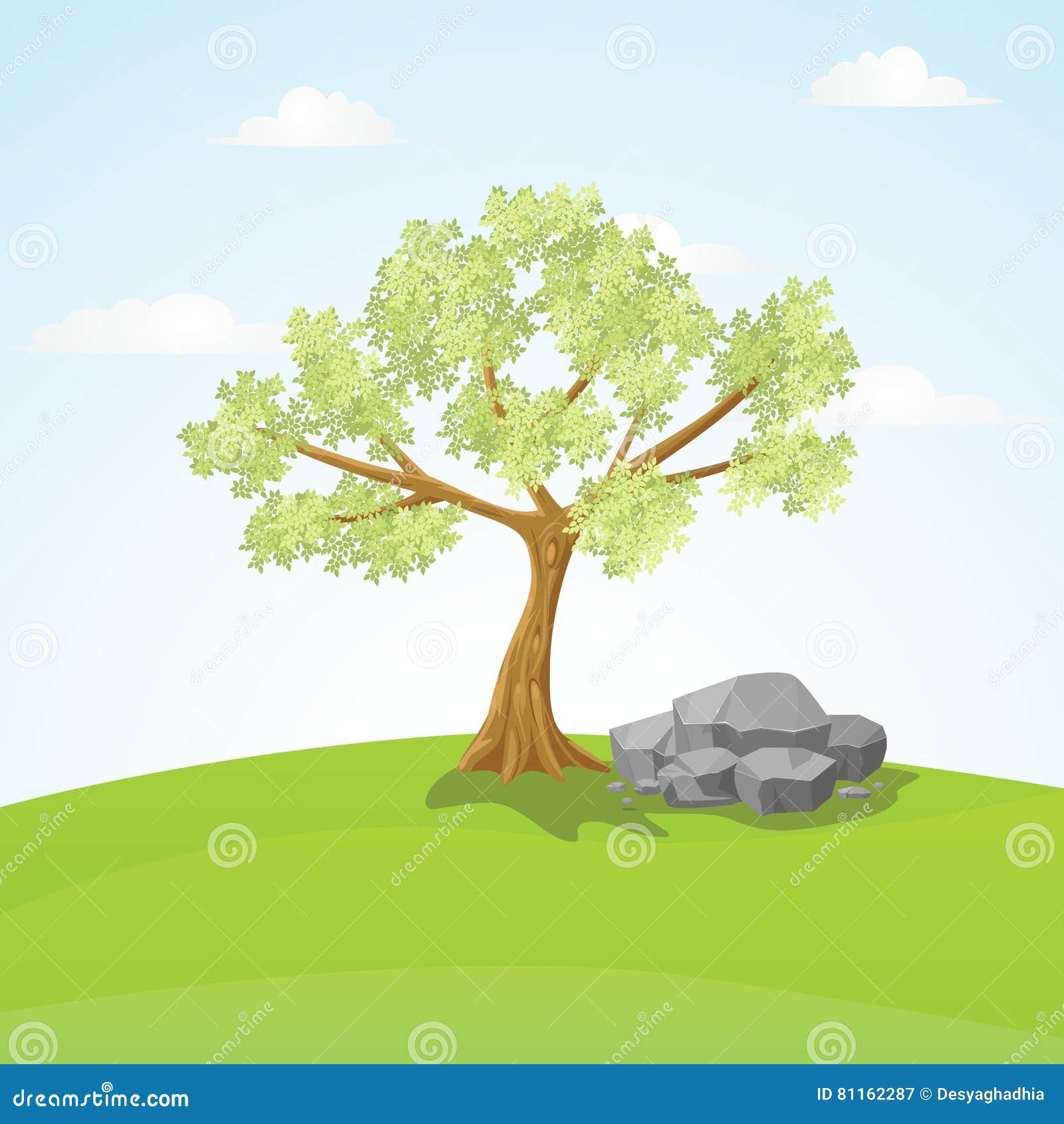 Big Tree and Rocks in a Hill. Stock Vector - Illustration of design ...