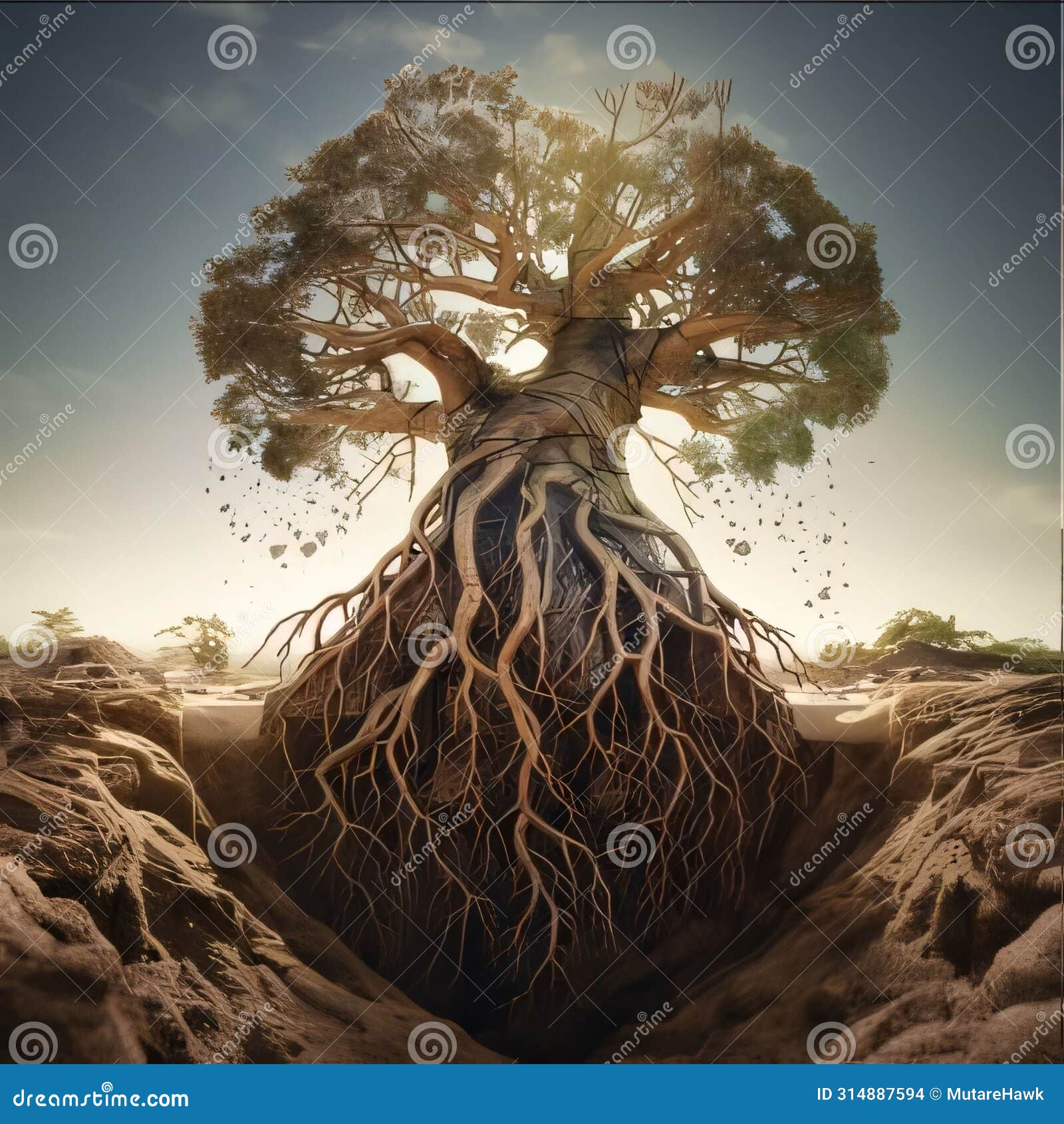 Big Tree with Roots in the Desert. 3d Render Illustration Stock ...