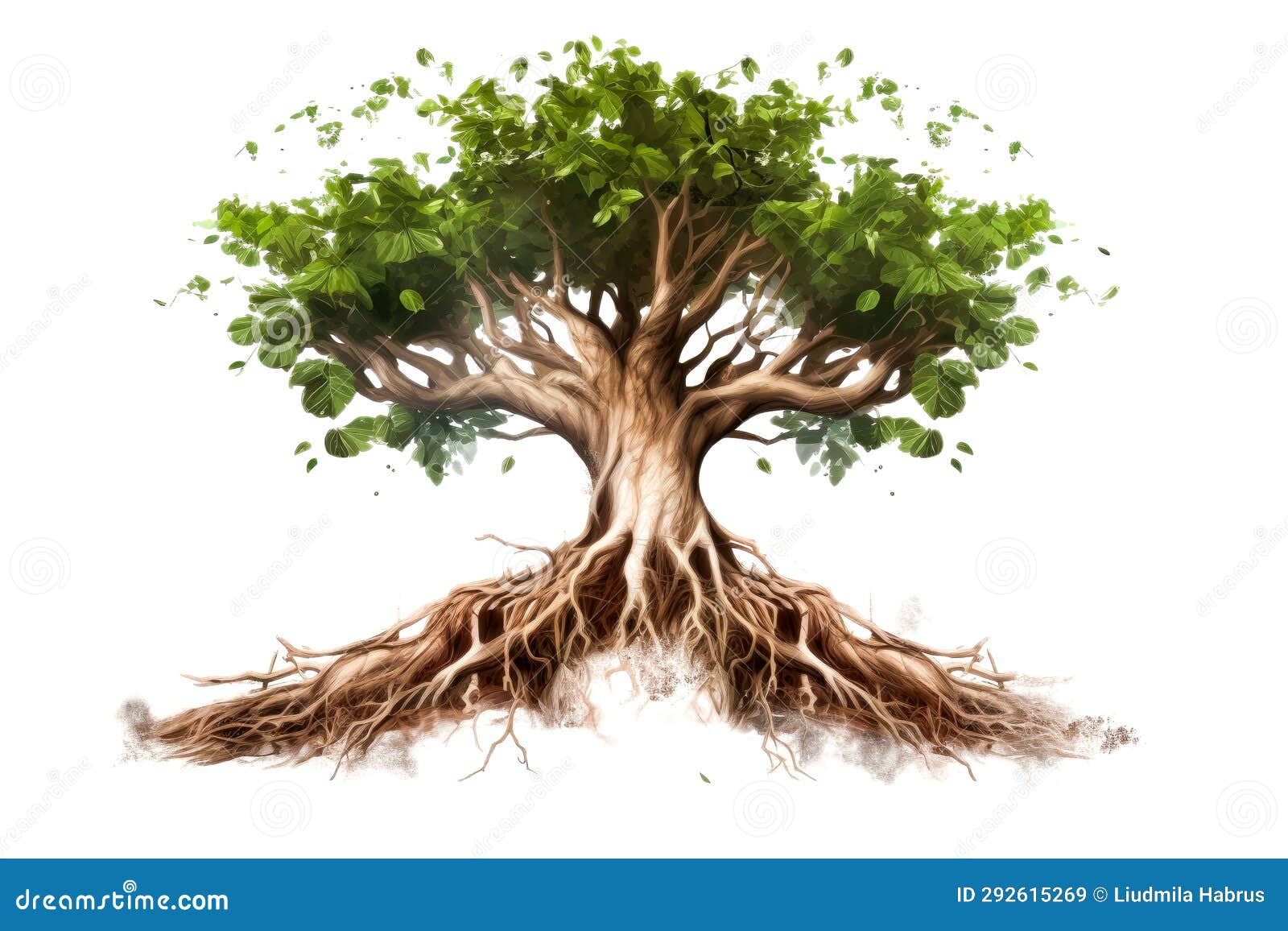 Big Tree with Roots and Leaves Isolated on White Background. Stock ...