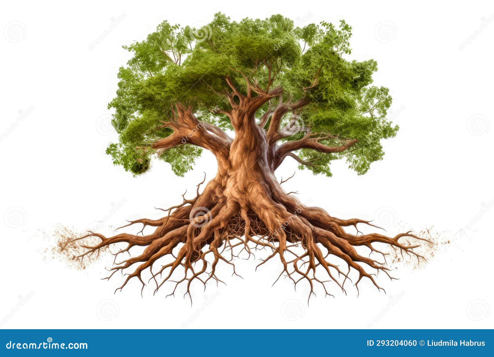 Big Tree with Roots and Leaves Isolated on White Background. Stock ...