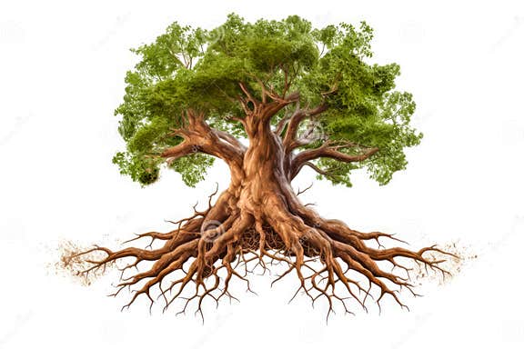 Big Tree with Roots and Leaves Isolated on White Background. Stock ...