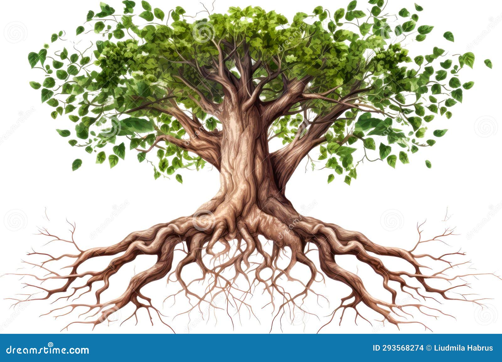 Big Tree with Roots and Leaves Isolated on White Background. Stock ...