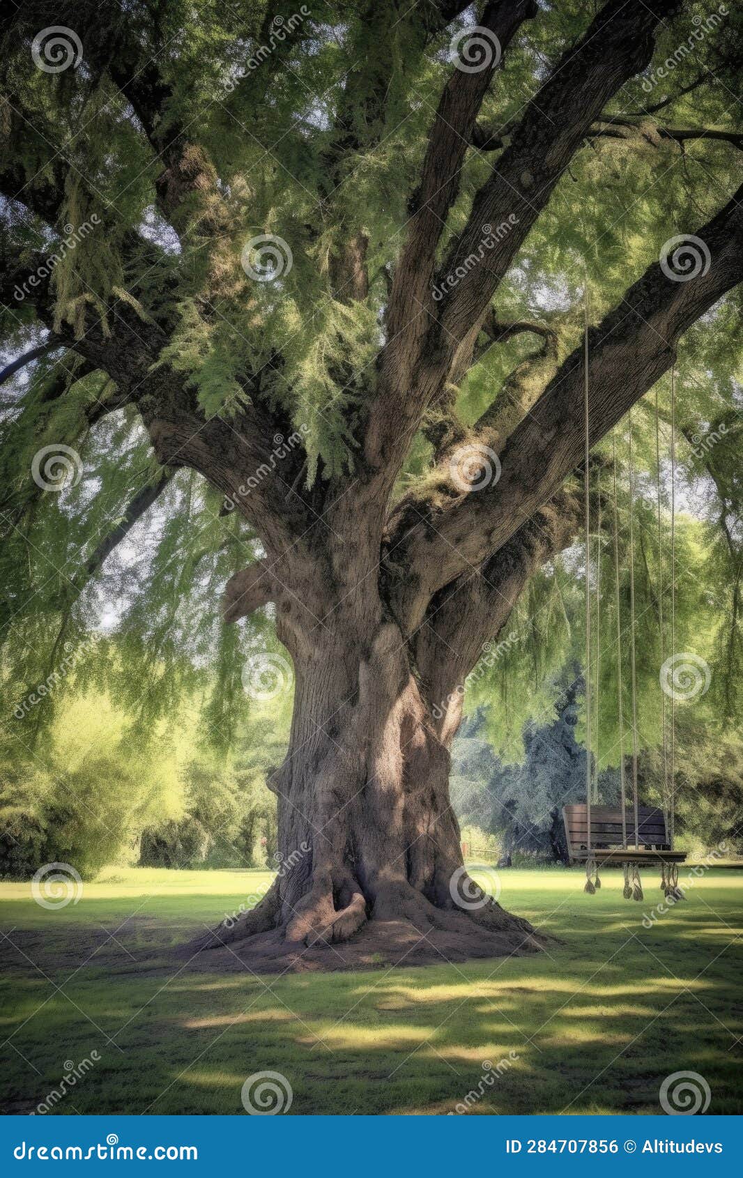 Big Tree with a Swing Hanging from Branch Stock Illustration ...