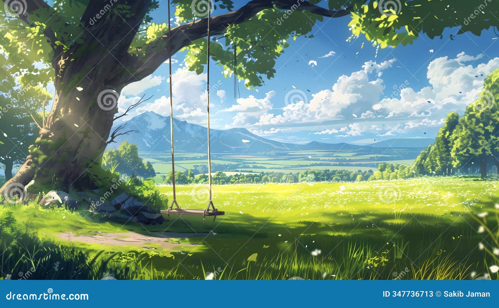 Big Tree with a Swing Hanging from the Branch in a Green Field Anime ...