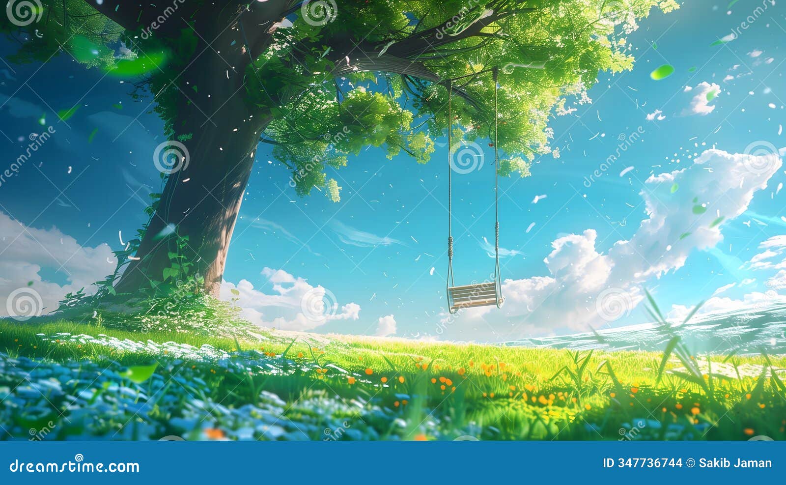 Big Tree with a Swing Hanging from the Branch in a Green Field Anime ...