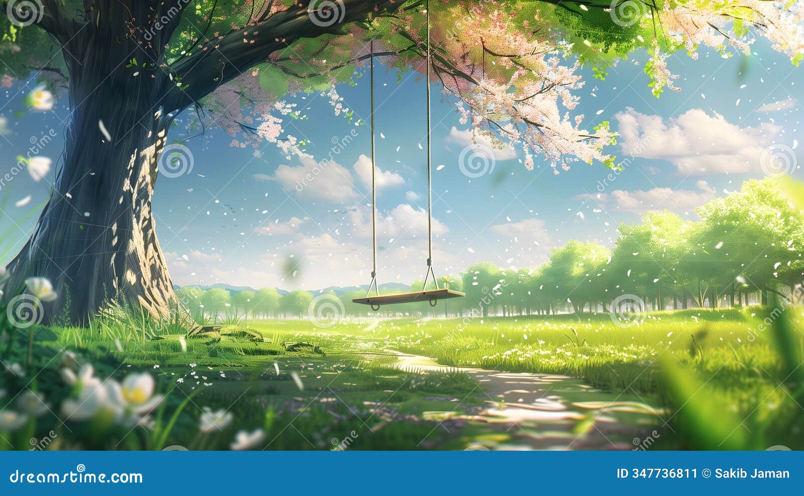 Big Tree with a Swing Hanging from the Branch in a Green Field Anime ...