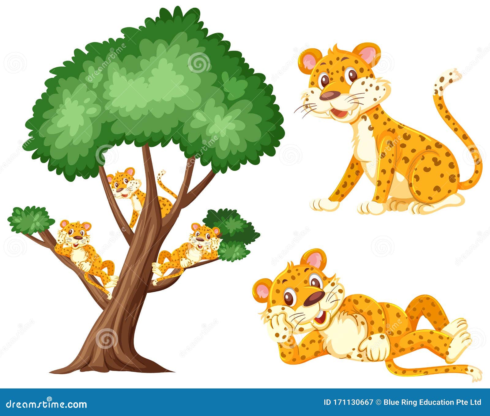 Big Tree with Tigers on the Branches on White Background Stock ...