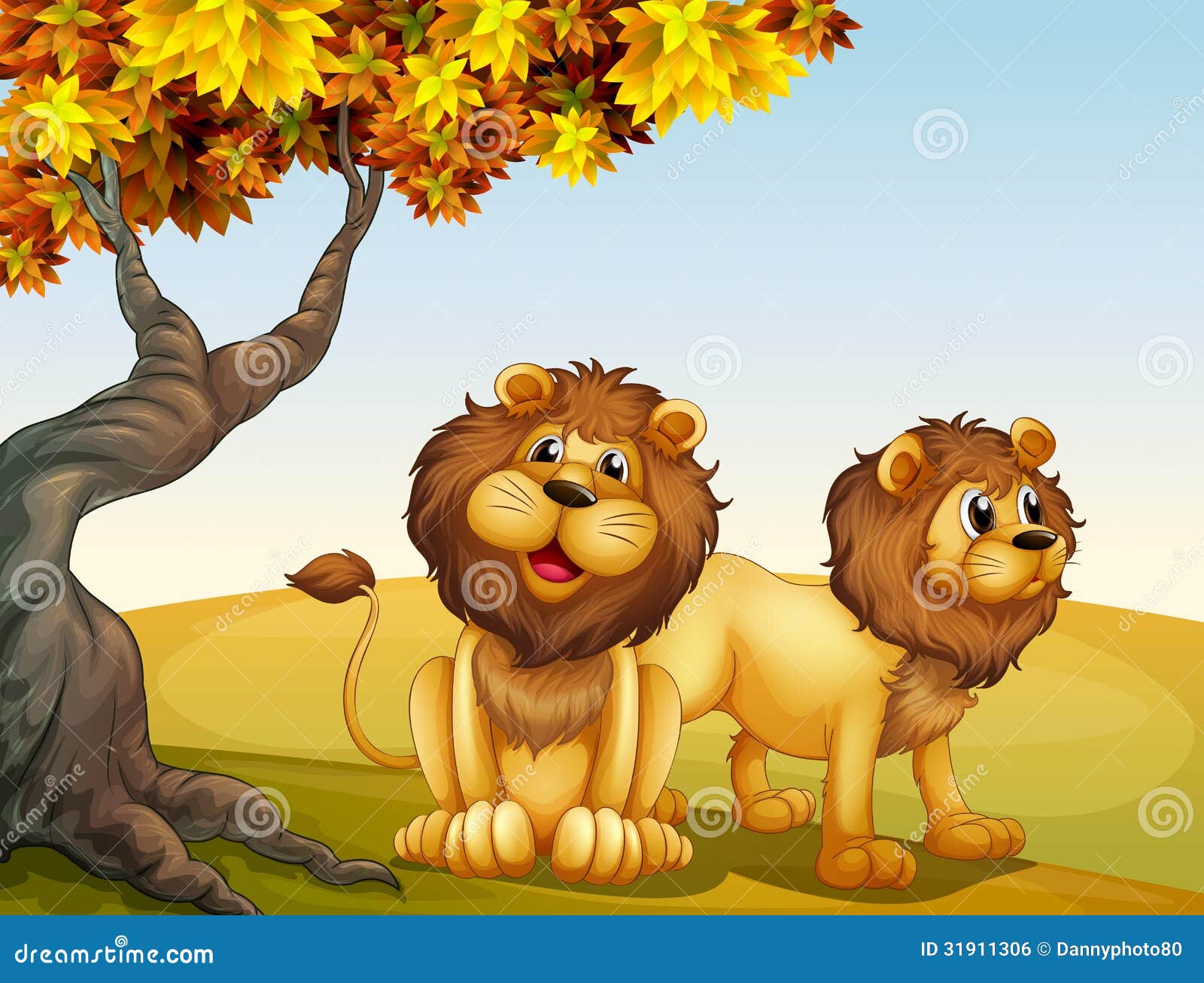A big tree with two lions stock vector. Illustration of autumn - 31911306