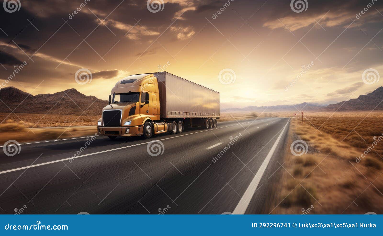 Big Truck on the Highway at Sunset Pulling Load. Semi Truck ...