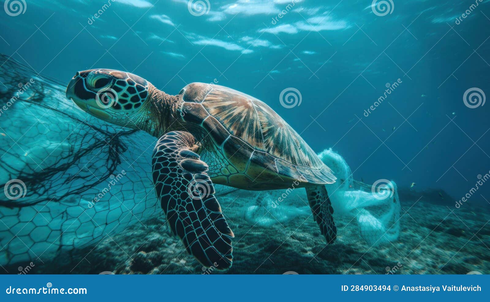 Big Turtle Swimming in the Ocean with Fishnet and Plastic Trash Around ...