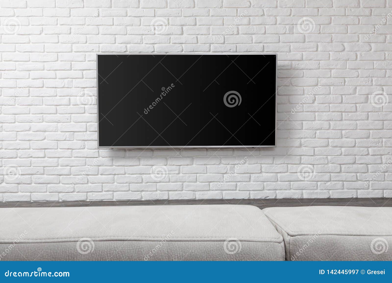 Big TV on the white wall stock image. Image of screen - 142445997