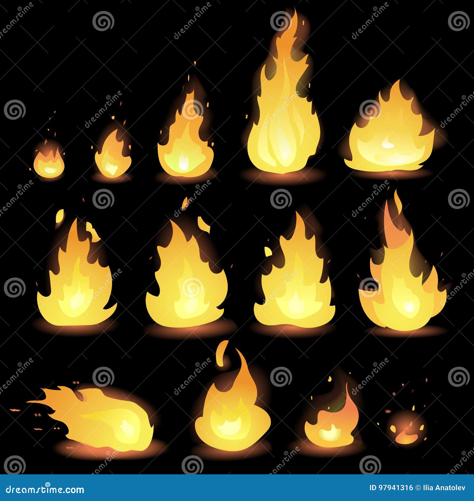 Big Vector Set of Different Stages of Fire - a Small Fire with Sparks ...