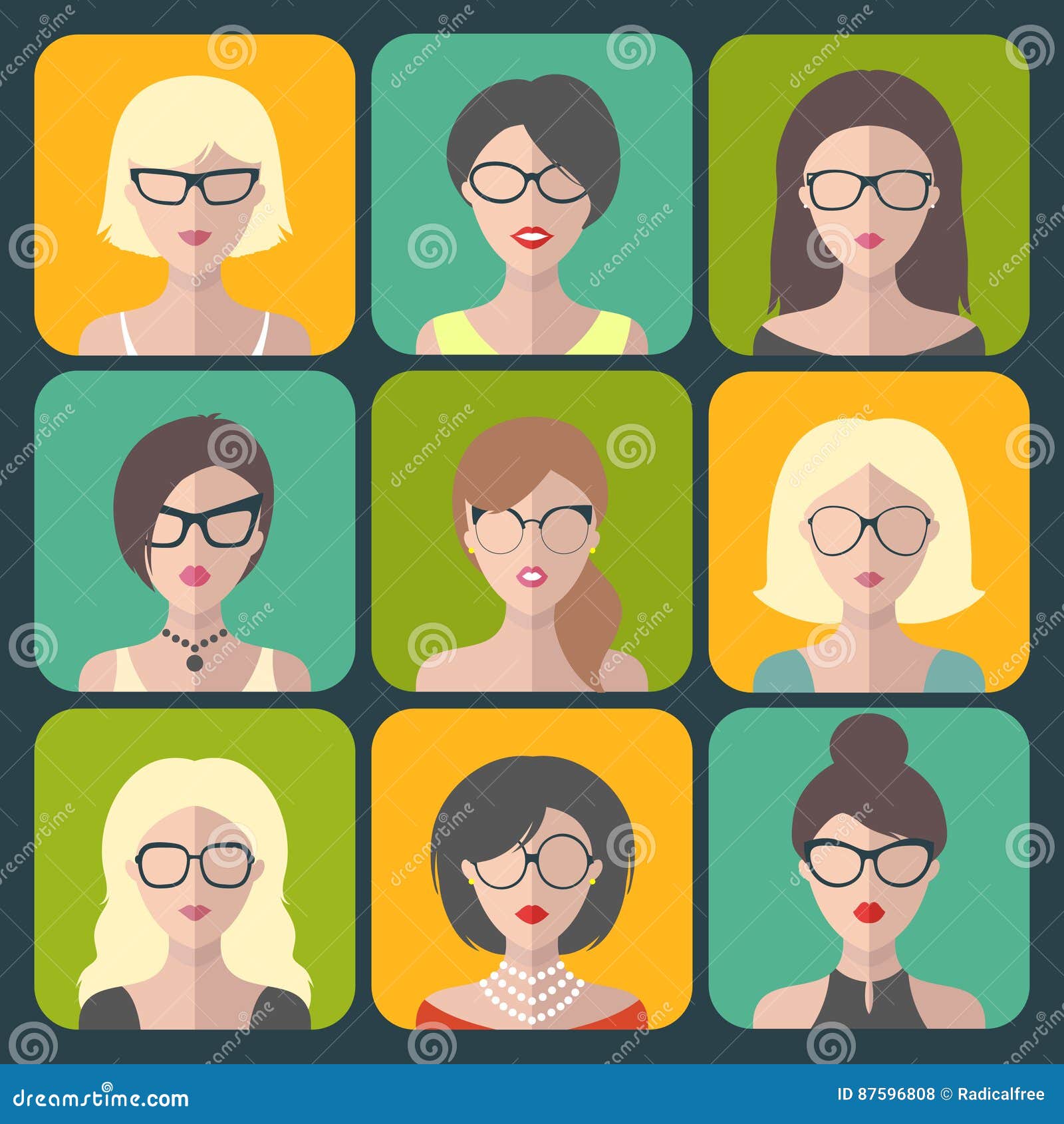 Big Vector Set of Different Women App Icons in Glasses in Flat Style ...