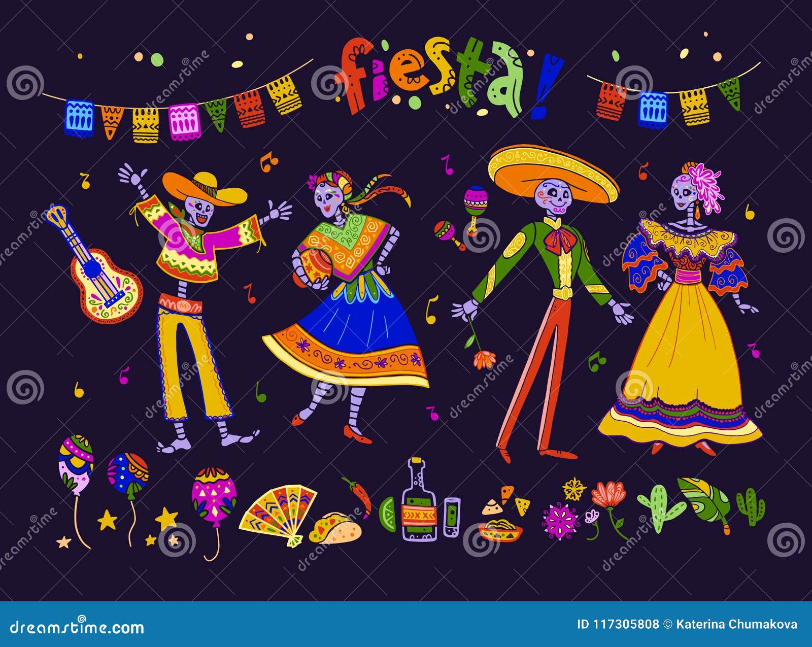 Big Vector Set of Fiesta Elements, Symbols & Skeleton Characters in ...